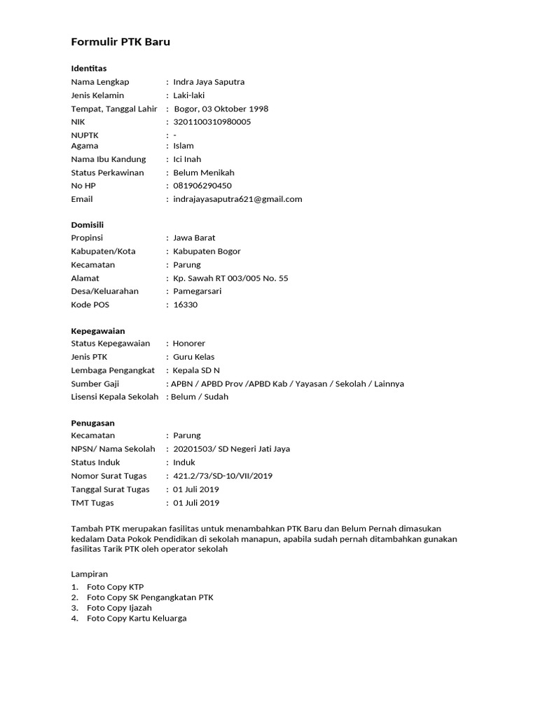 Formulir PTK Baru Dapodik | PDF