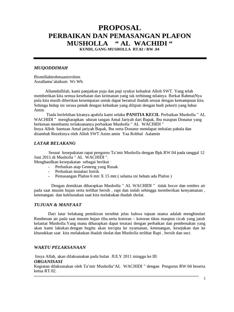 Proposal Rehab Plafon Musholla Al Wachidi | PDF