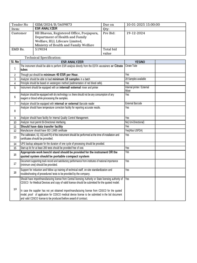 Technical Specification ESR ANALYZER | PDF | Specification (Technical ...
