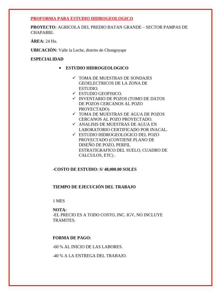 Proforma de Estudio Hidrogeologico | PDF