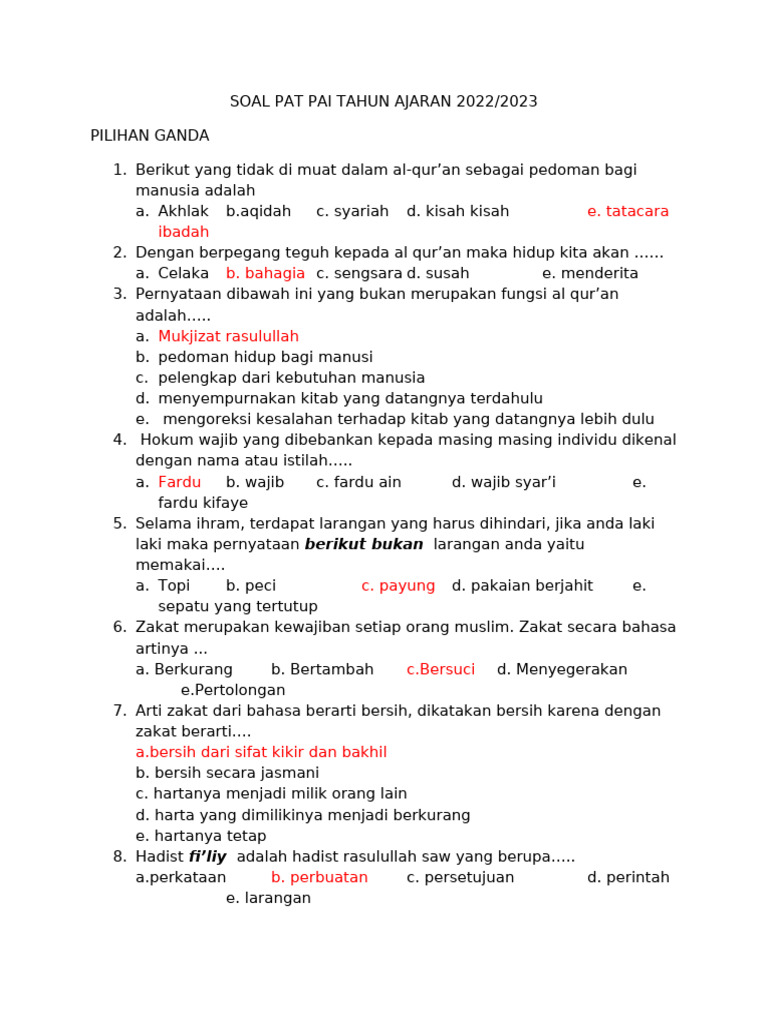 SOAL PAT PAI TAHUN AJARAN 2022 | PDF