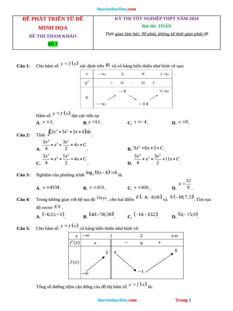 DADe Thi Thu TN THPT 2024 Toan Phat Trien Tu de Minh Hoa de 7 | PDF