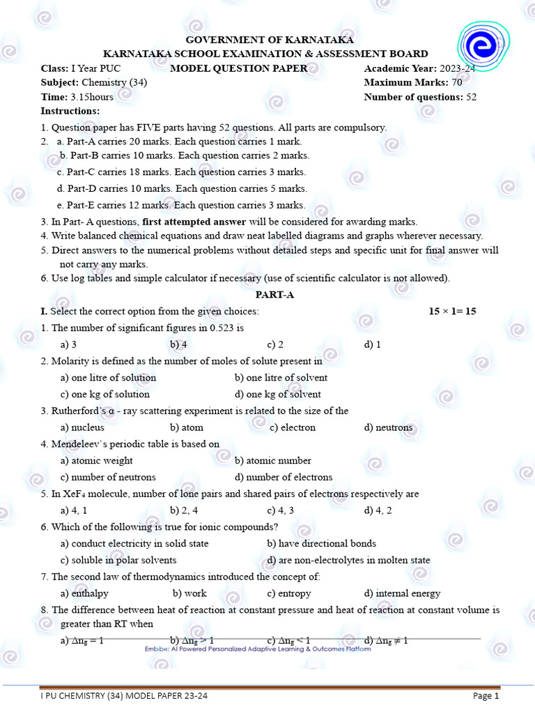 Class 1 Puc Model QP | PDF | Chemical Reactions | Hydrogen