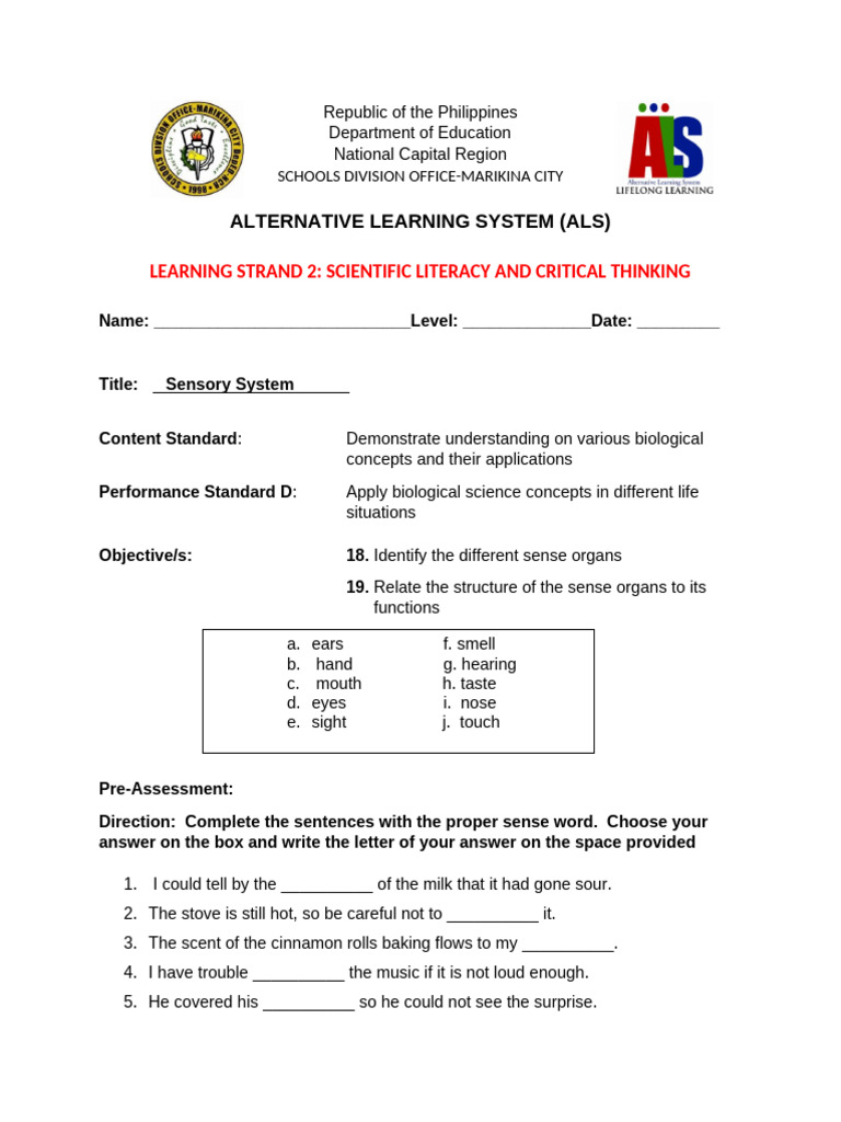 For Learners LS 2 5senses Activity Sheet | PDF | Senses | Stimulus ...