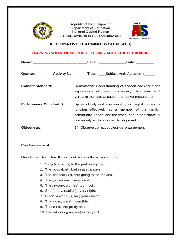 LS-1-Subject-Verb-activity-sheetsAgreement-for-JHS | PDF | Verb ...