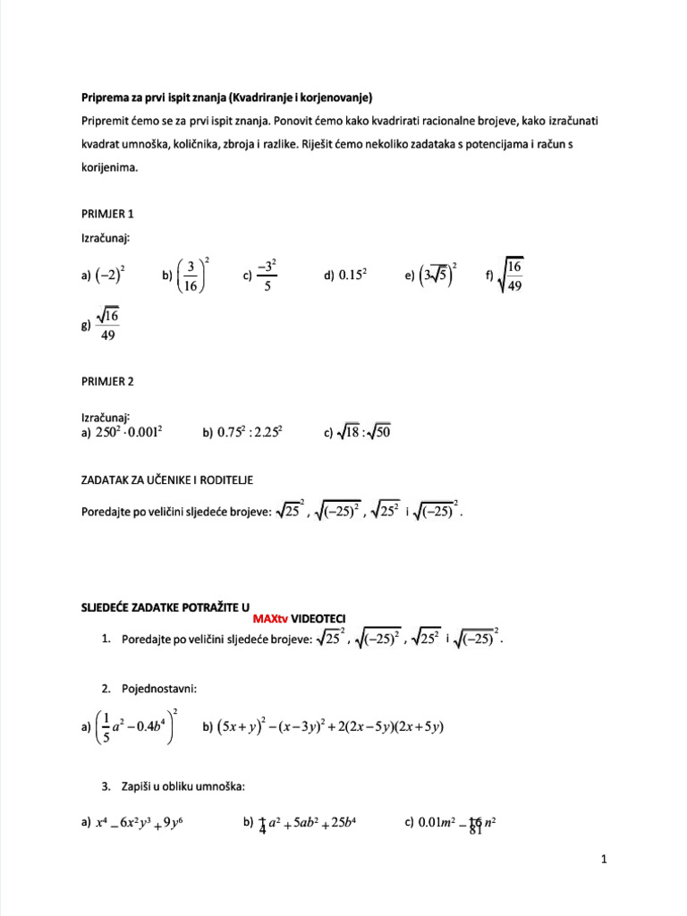 priprema-za-prvi-ispit-znanja-kvadriranje-i-korjenovanje | PDF