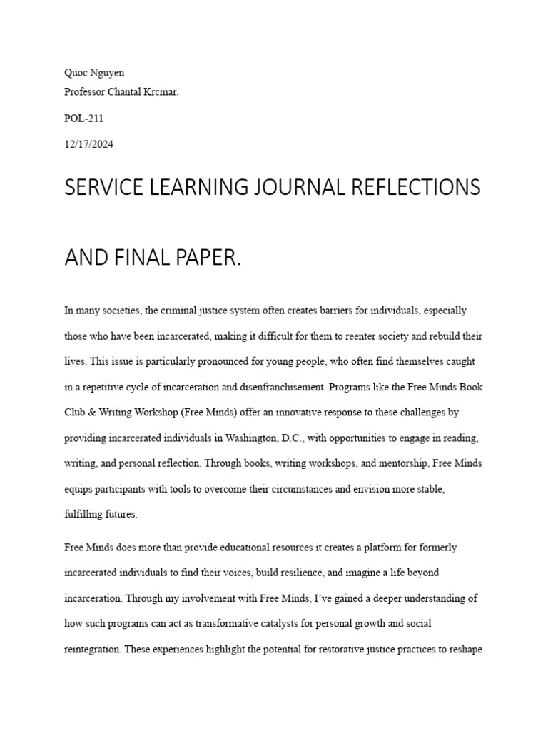 SERVICE LEARNING JOURNAL REFLECTIONS AND FINAL PAPER | PDF ...