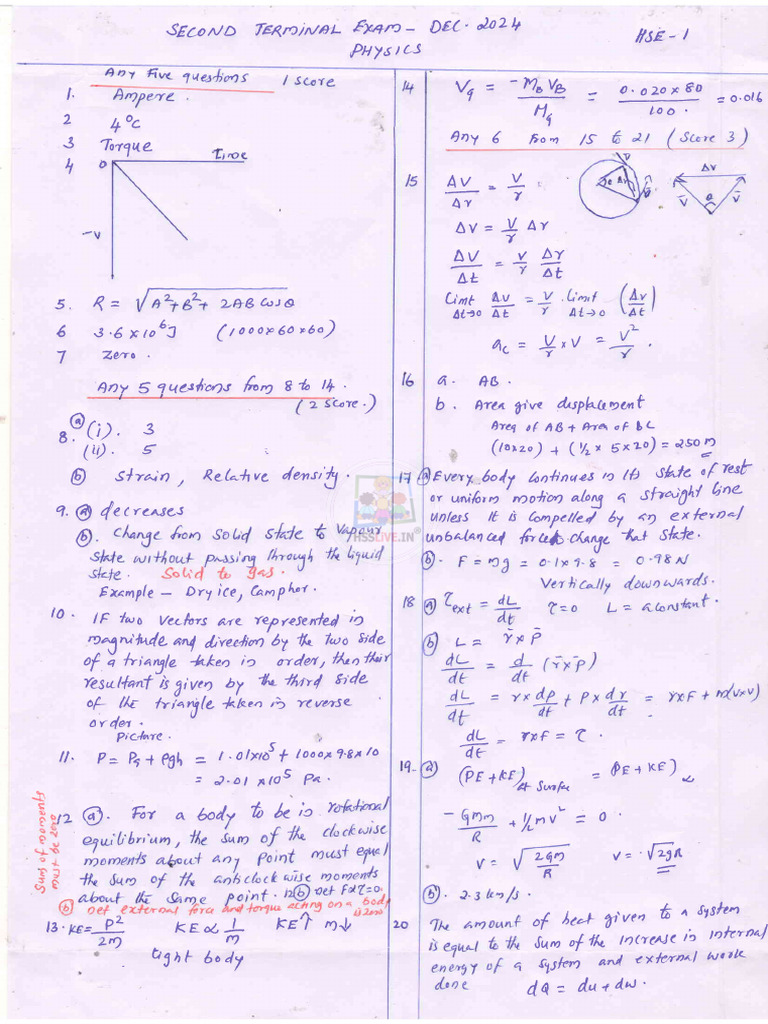 Hsslive Xi Physics KEY Dec 2024 | PDF