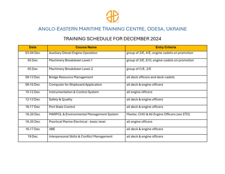 Training Schedule For December 2024 | PDF
