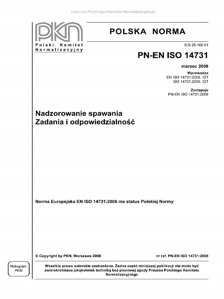 PN-EN ISO 14731 2008 Nadzorowanie Spawania | PDF