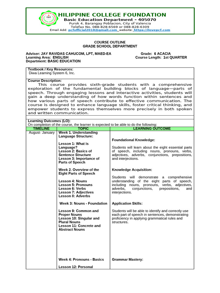 course-outline-English | PDF | Part Of Speech | Educational Assessment