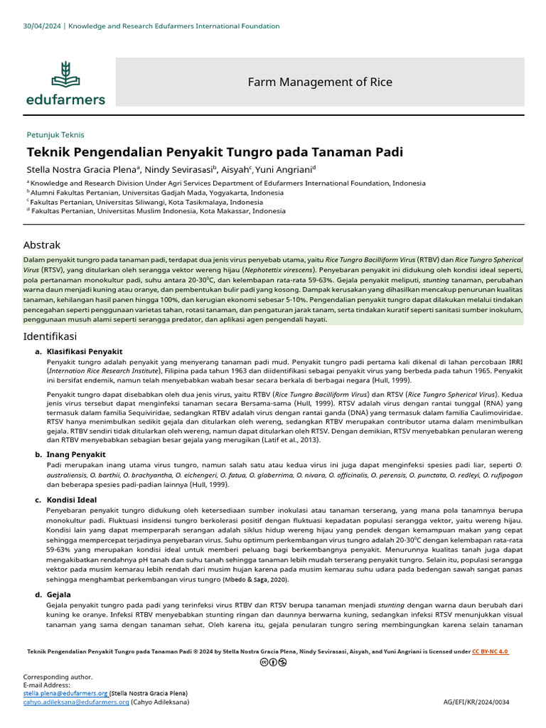 Teknik Pengendalian Penyakit Tungro Pada Tanaman Padi | PDF