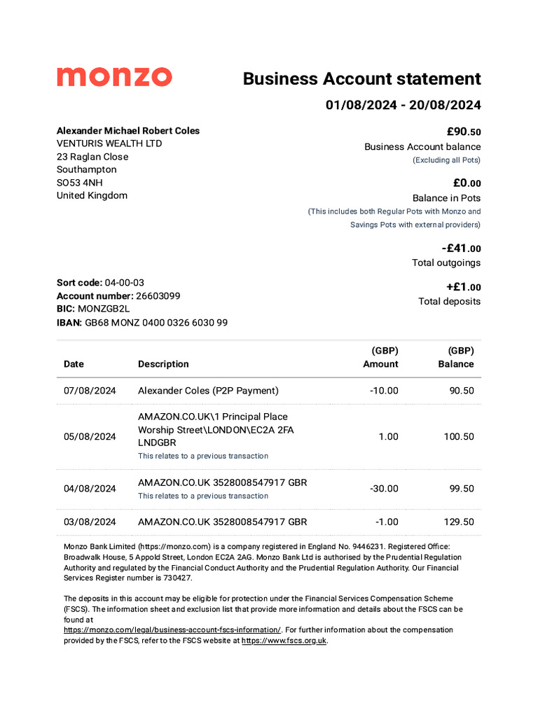 Monzo - Bank - Statement - 2024 08 01 2024 08 20 - 3002 | PDF ...