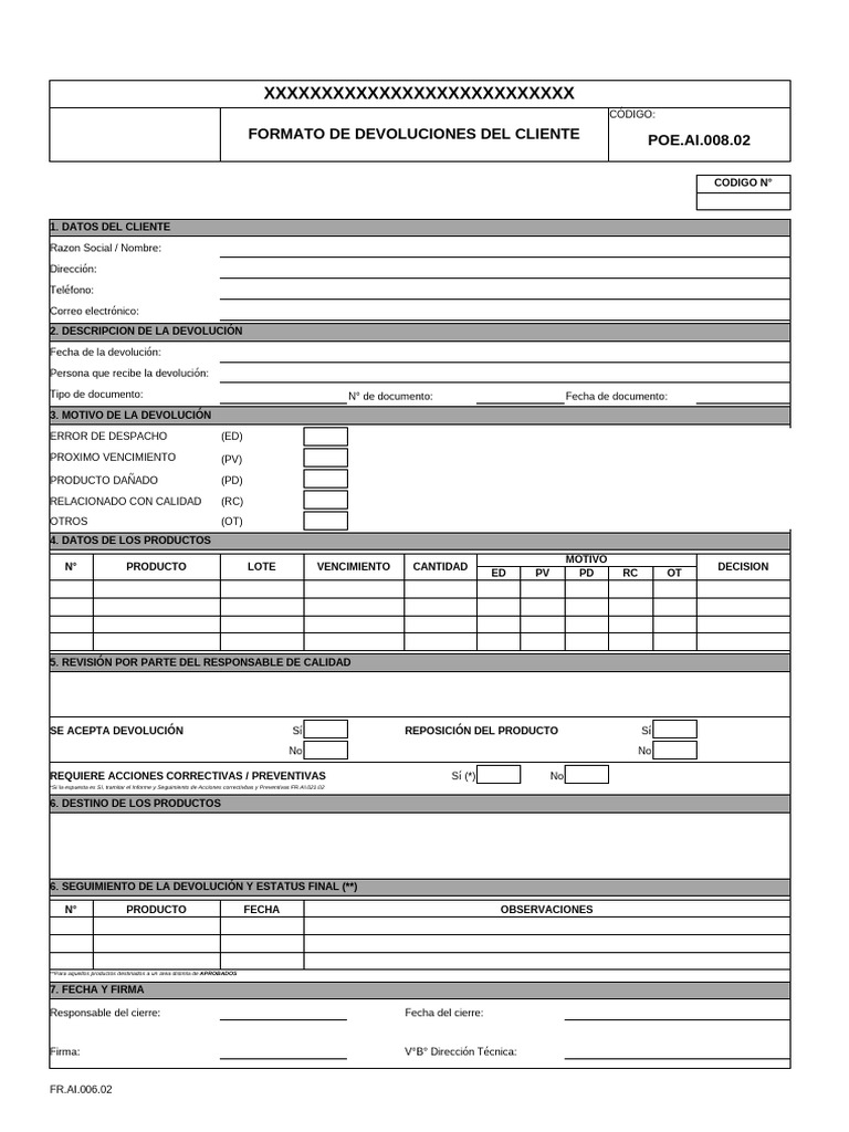 FR - Ai.006.02 Formato de Devoluciones Del Cliente | PDF