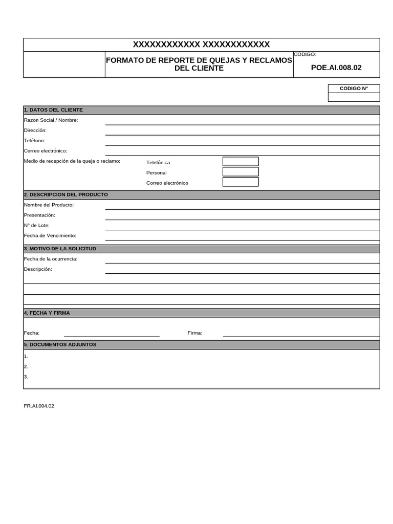 FR - Ai.004.02 Formato de Reporte de Quejas y Reclamos Del Cliente | PDF
