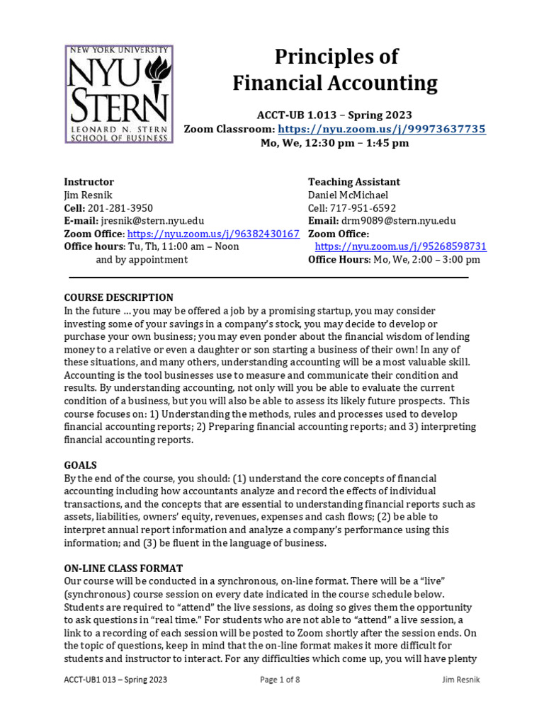 ACCT 0001 S13 Resnik Syllabus Sp23 | PDF | Turnitin | Textbook
