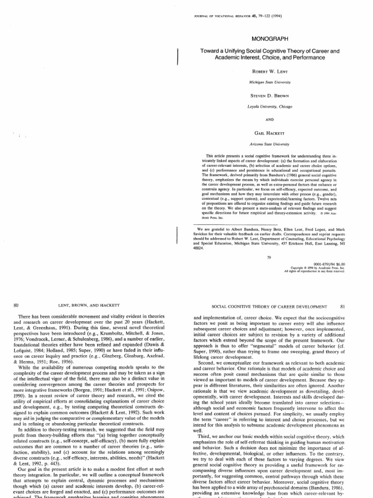 Social Cognitive Theory in Career Development | PDF | Self Efficacy ...