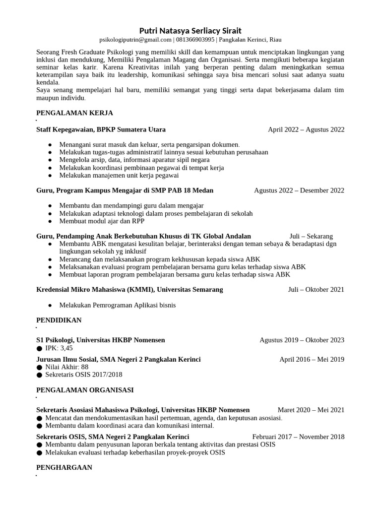 CV Putri Natasya | PDF