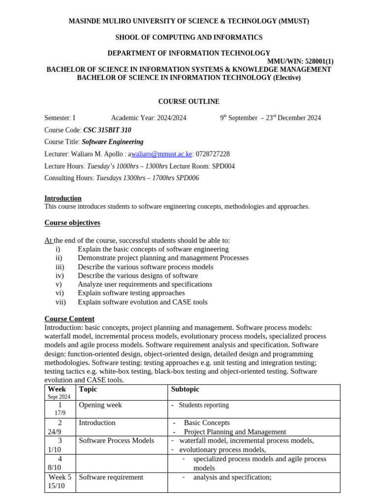 BIT310 SE L1 Course Outline | PDF | Software Development Process | Software