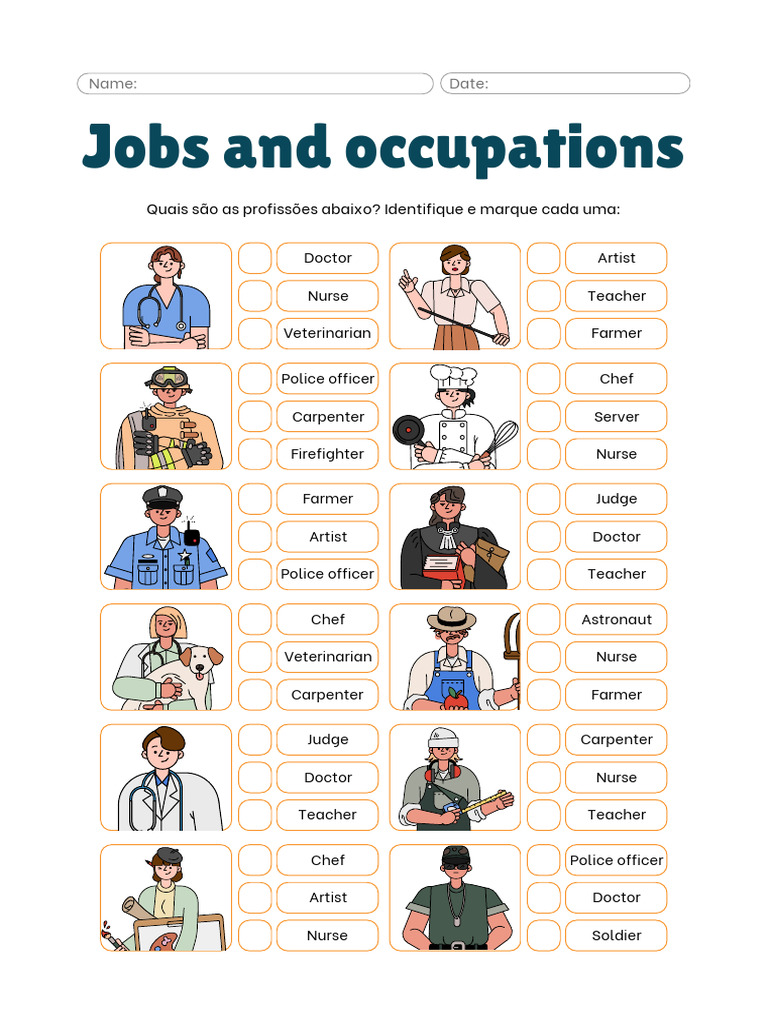 Blue Orange Illustrative Jobs and Occupations Worksheet PDF | PDF