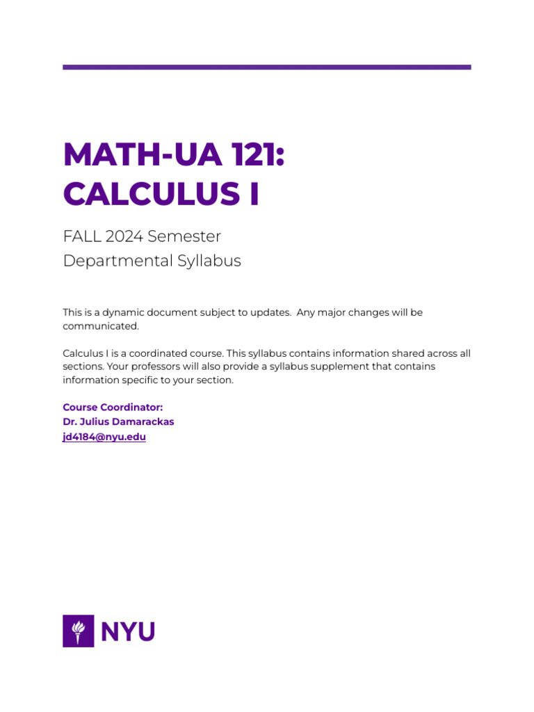 MATH-UA 121 - CALCULUS I - Departmental Syllabus | PDF | Homework ...