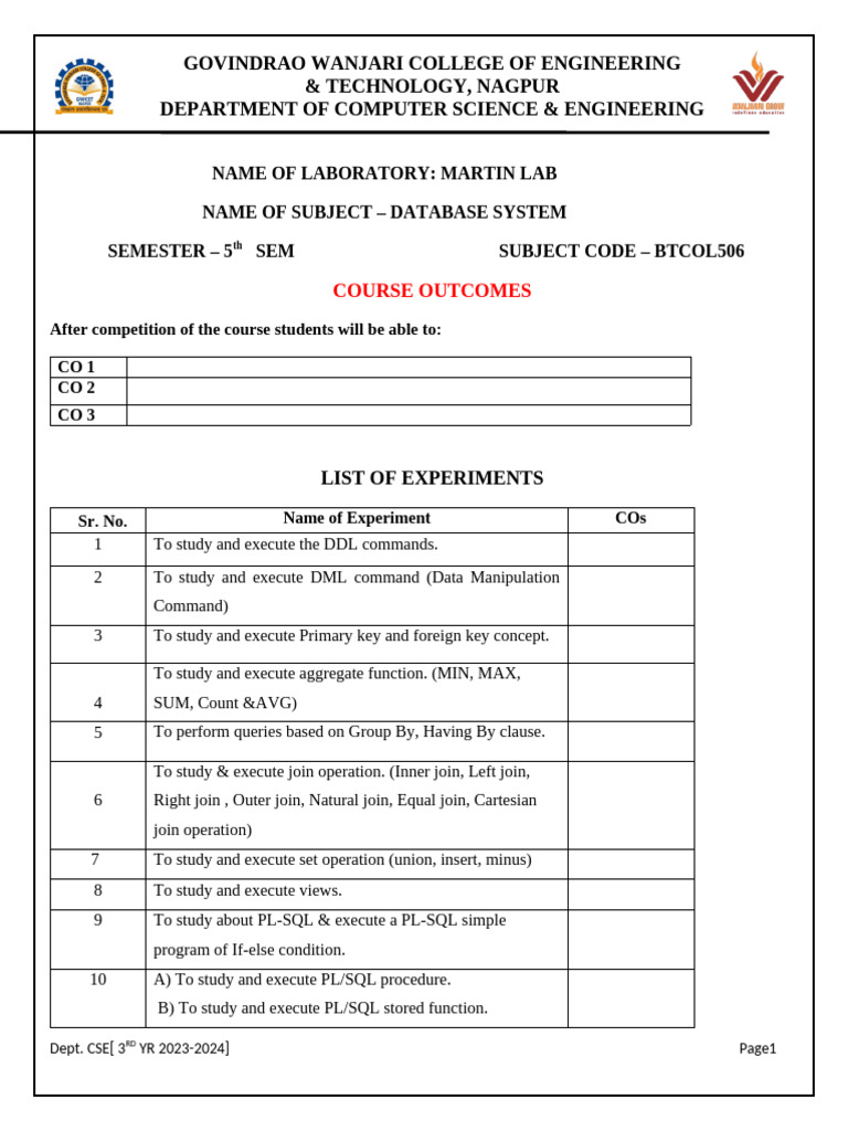 DBMS List of Practicals AND MANUAL | PDF | Table (Database) | Databases