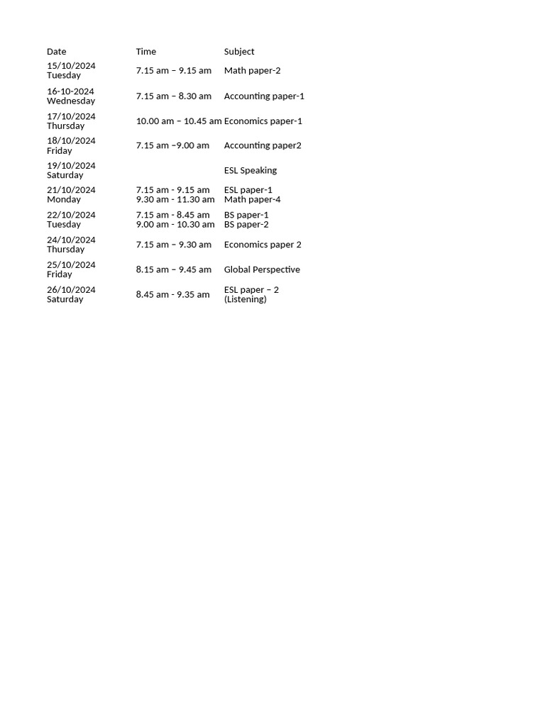 Sem 1 Time Table | PDF