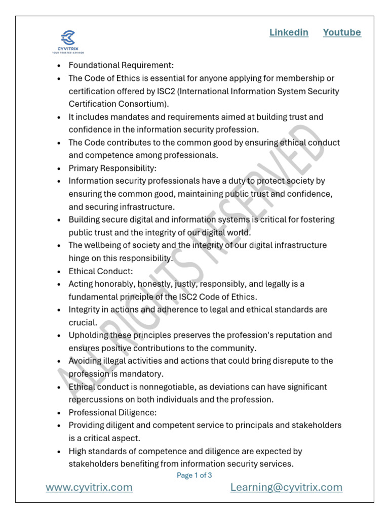 Isc2+Code+of+Ethics Study+Notes Cyvitrix | PDF | Integrity | Profession