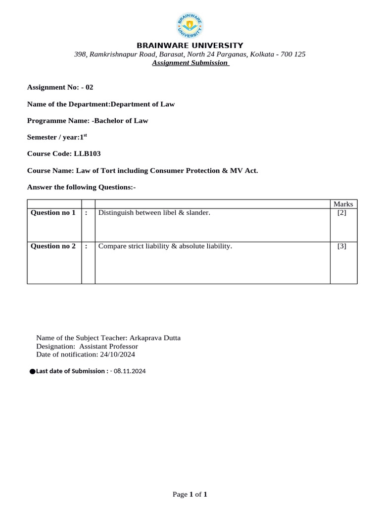 Assingment II Tort. | PDF