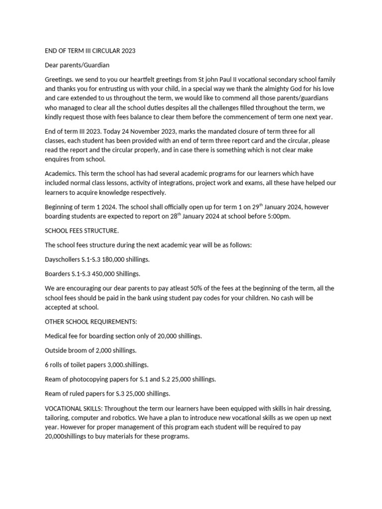 End of Term III 2023 Circular Summary | PDF