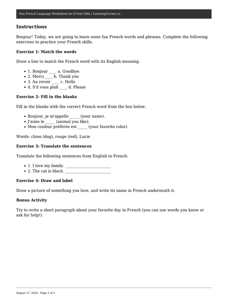 Learning Corner Worksheet 120 | PDF