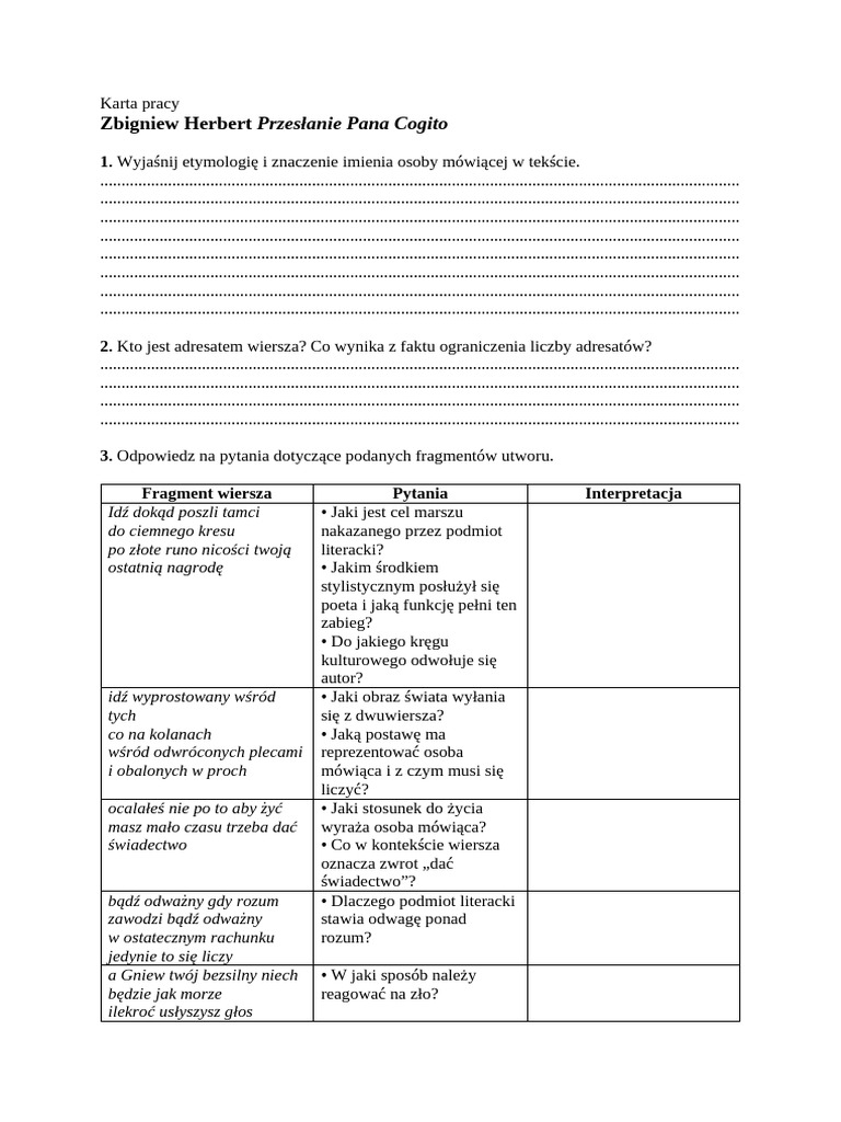 Zbigniew Herbert Przeslanie Pana Cogito | PDF