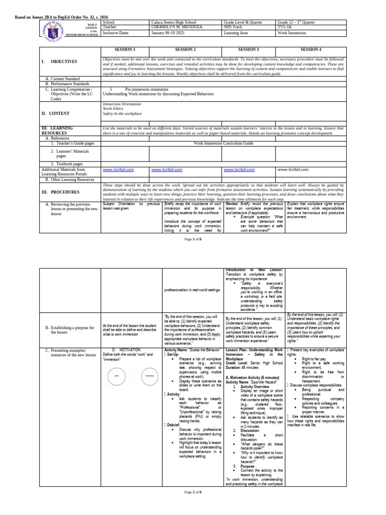 Work Immersion DLL Week 1 | PDF | Learning | Personal Protective Equipment