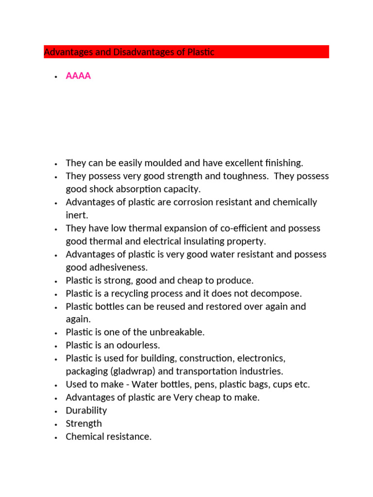 Advantages and Disadvantages of Plastic | PDF