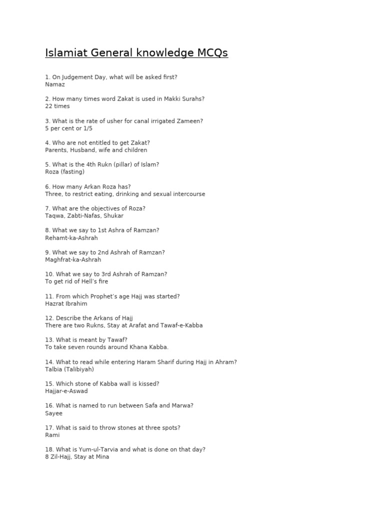 Islamiat General Knowledge MCQs | PDF | Prophets And Messengers In Islam | Hajj