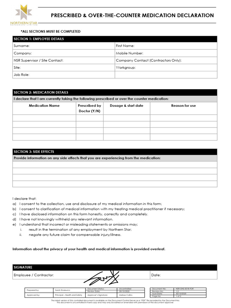 Medication Declaration Form | PDF | Privacy | Justice