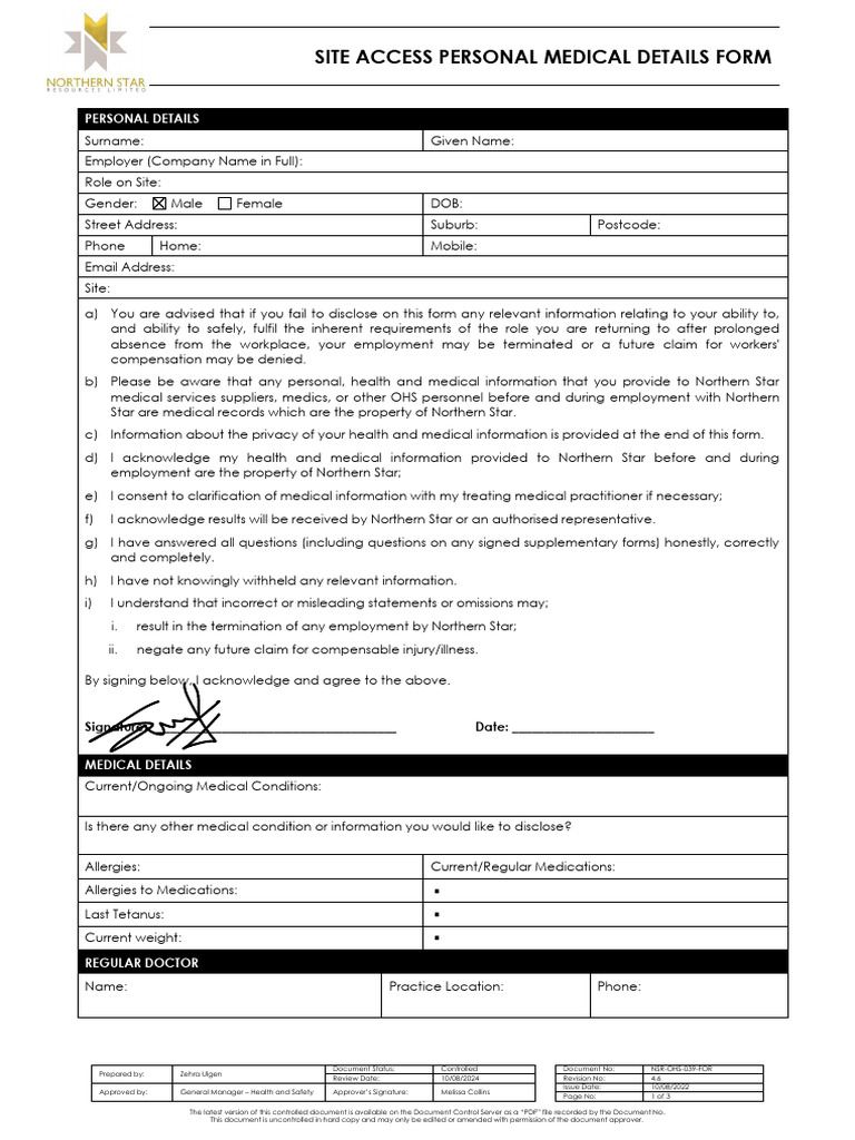 NSR-OHS-039-For - Site Access Personal Medical Details Form | PDF ...