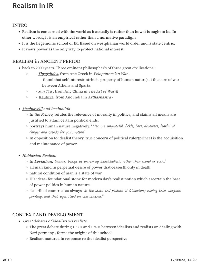 IR - Unit2 Realism in IR | PDF | Philosophical Realism | Political Science
