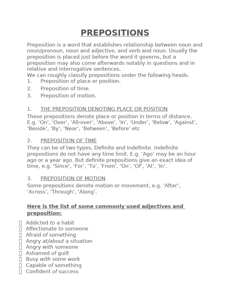 Prepositions | PDF | Preposition And Postposition | Adjective