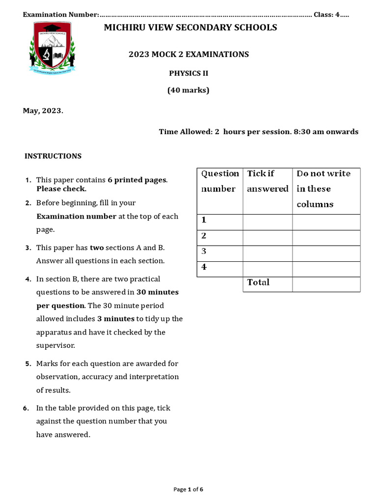2023 Msce Mock 2 Physics p2 | PDF | Optics