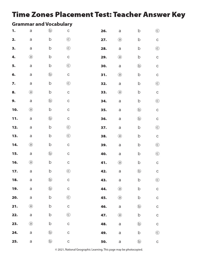Time Zones 3e Placement Test Answer Key | PDF | Linguistics | Cultural ...