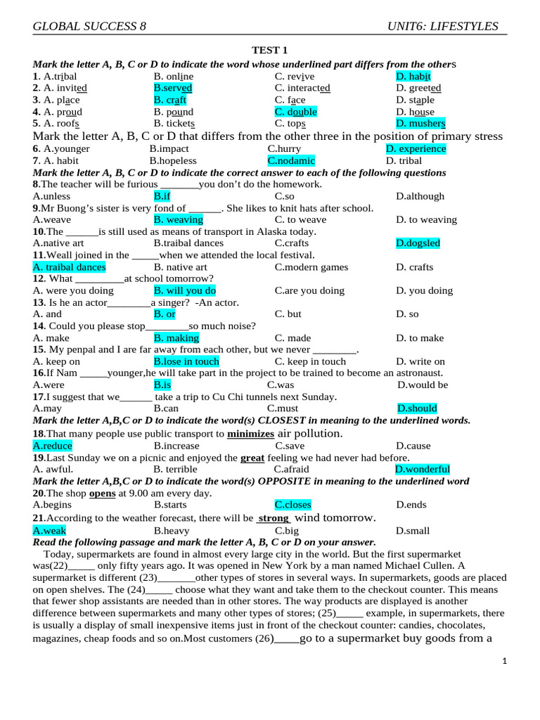 Key-Unit 6 - Practice Test | PDF | Supermarket | Island