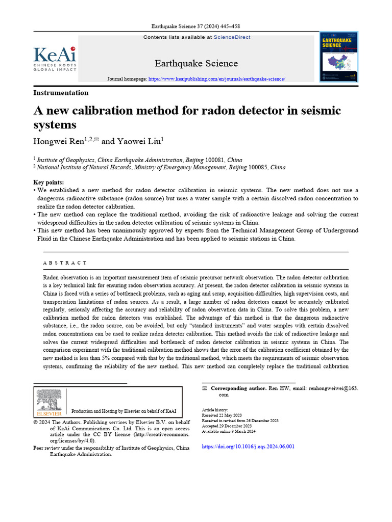 Earthquake Science 37 (2024) 445-458 A New Calibration Method For Radon ...