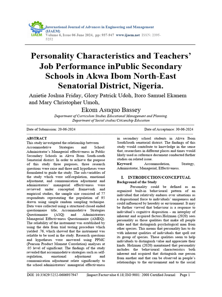 Personality Characteristics and Teachers Job Performance InPublic Secondary Schools in Akwa Ibom ...