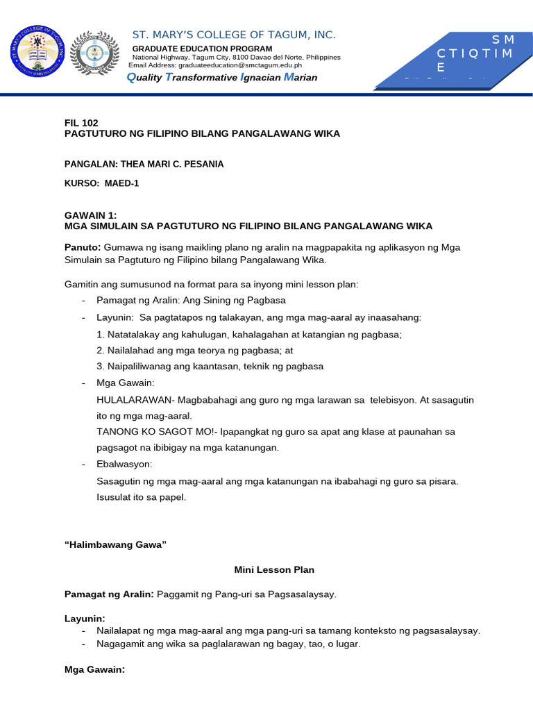 PESANIA- FIL 102 - Activity Sheet | PDF