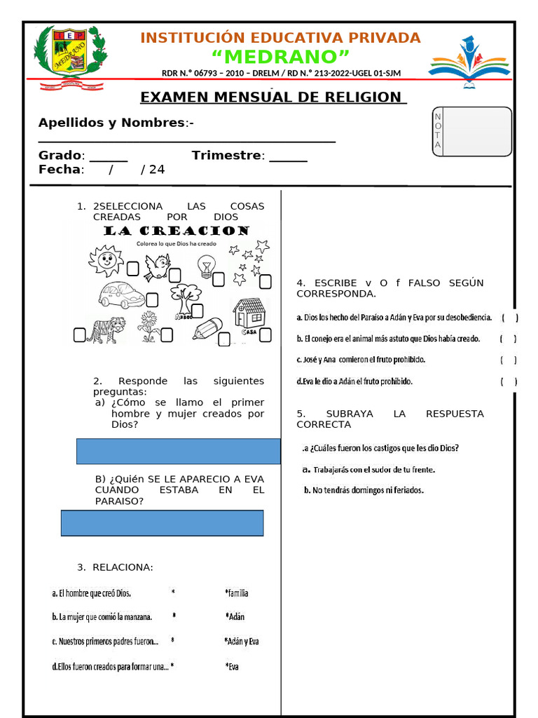 Examen Mensual de Religión Medrano | PDF