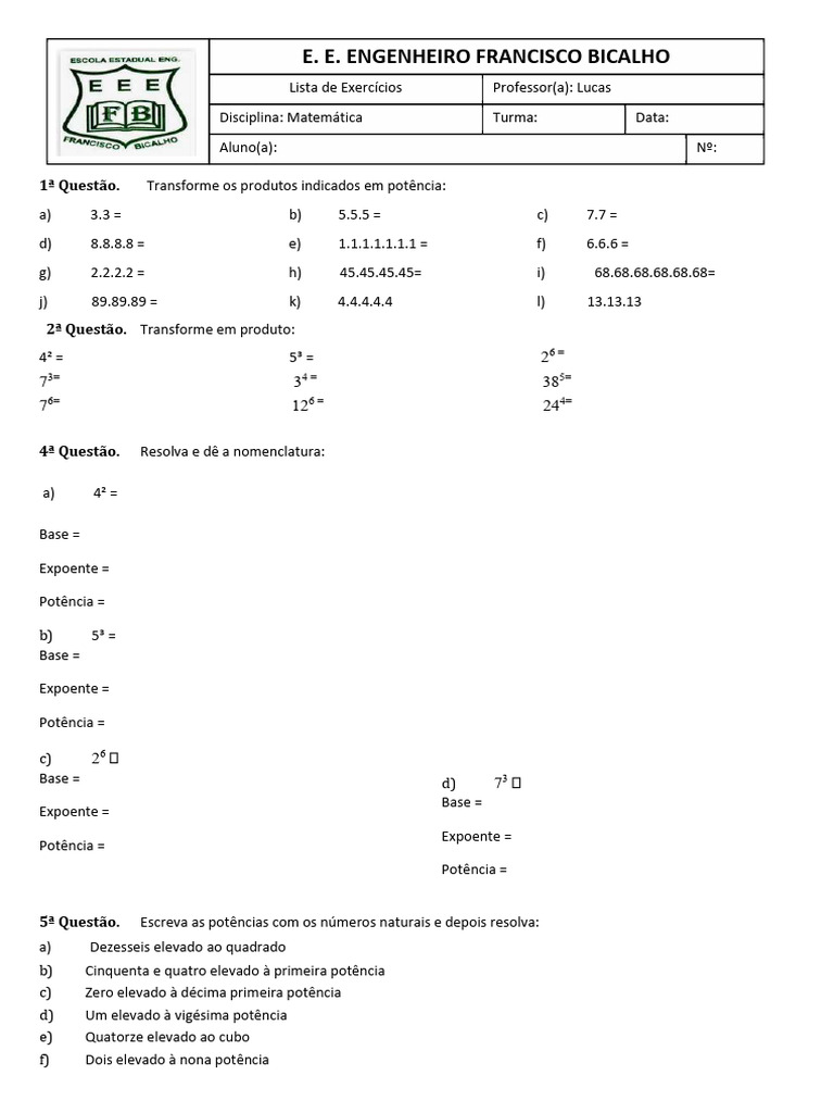 Exercícios De Potências E Produtos Matemáticos Pdf