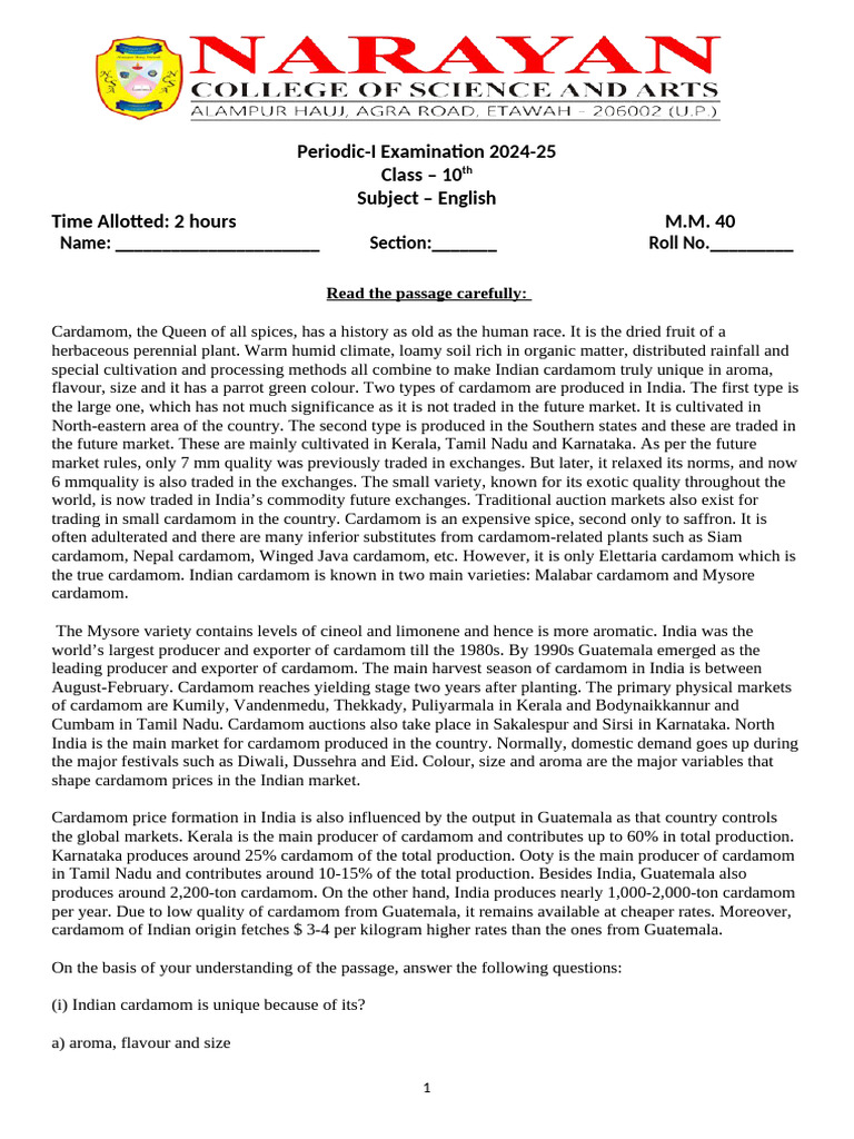 Class 10 English Exam Paper | PDF