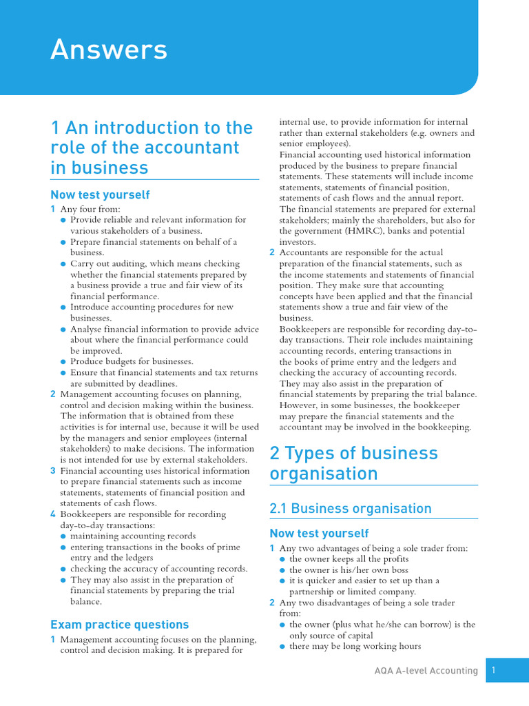 A Level Accounting Revision Notes AQA Answers | PDF | Debits And ...