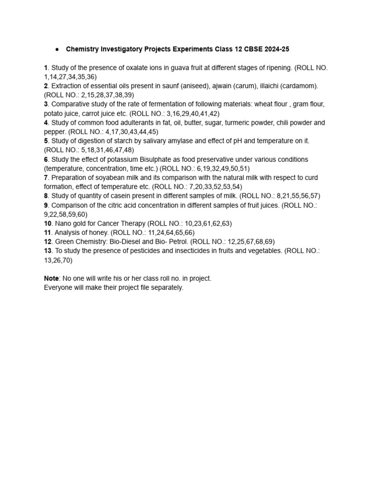 Chemistry Projects for Class 12 CBSE 2024-25 | PDF